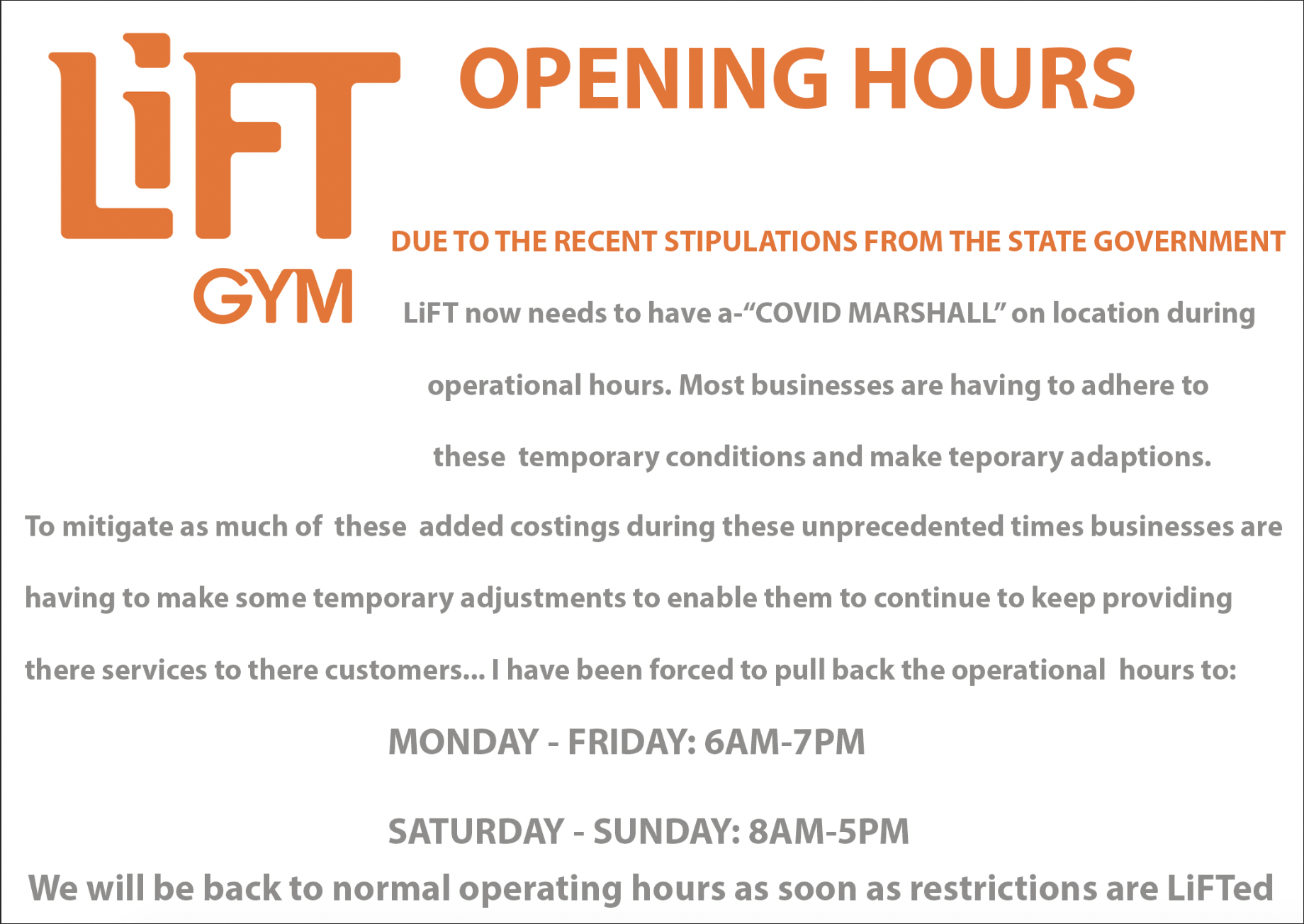 NEW OPERATIONAL HOURS – Lift Gym